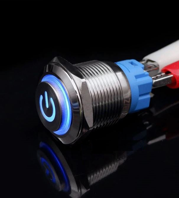 Round Metal Blue Push Button Latching Switch 19mm with Wiring Harness ...